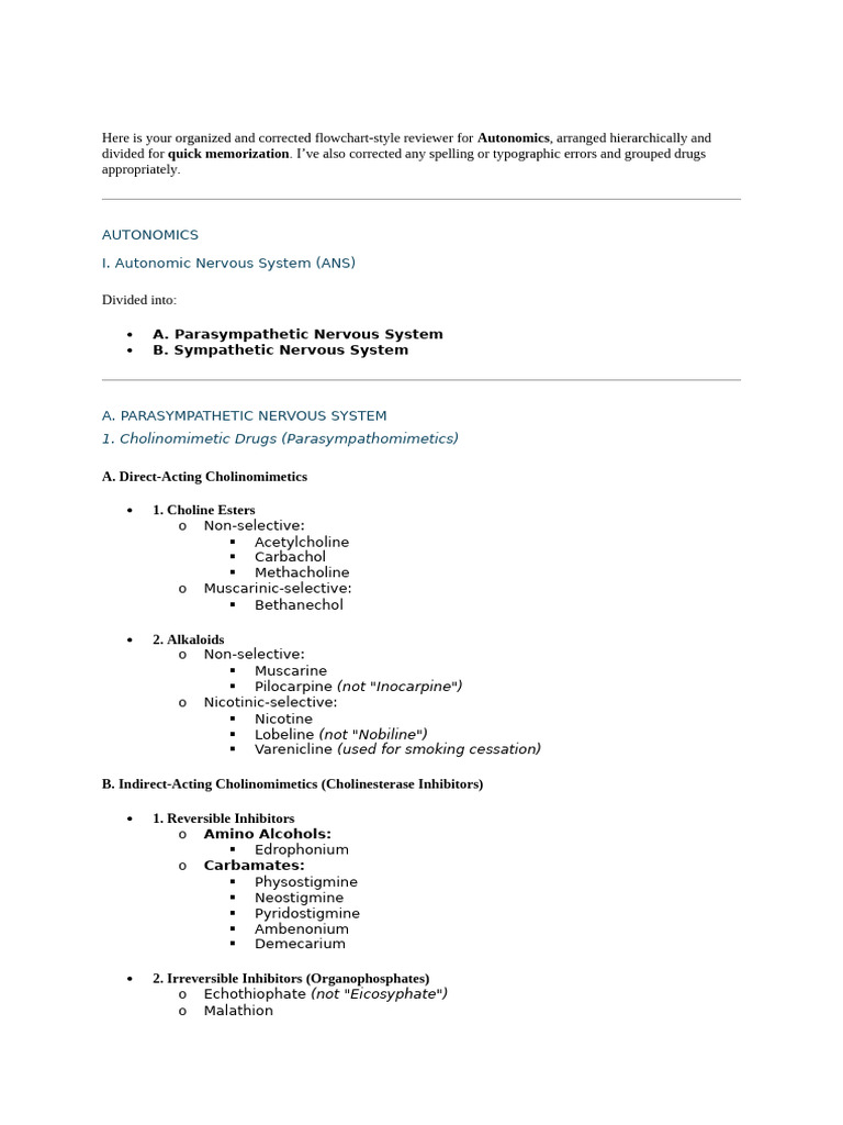 Autinomic, Narcotic, Non Narcotics Drug Class Arrangement Pcol | PDF | Acetylcholine | Pharmacology
