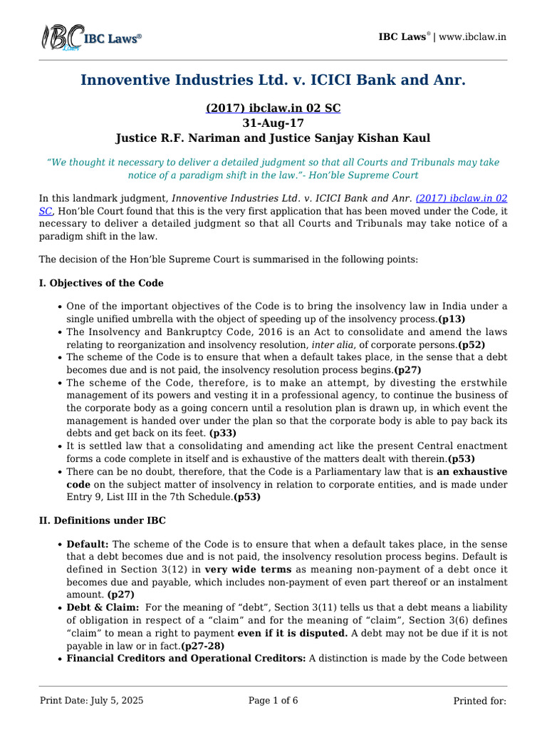 Summary of Innoventive Industries LTD Vs Icici Bank Anr Judgment of ...