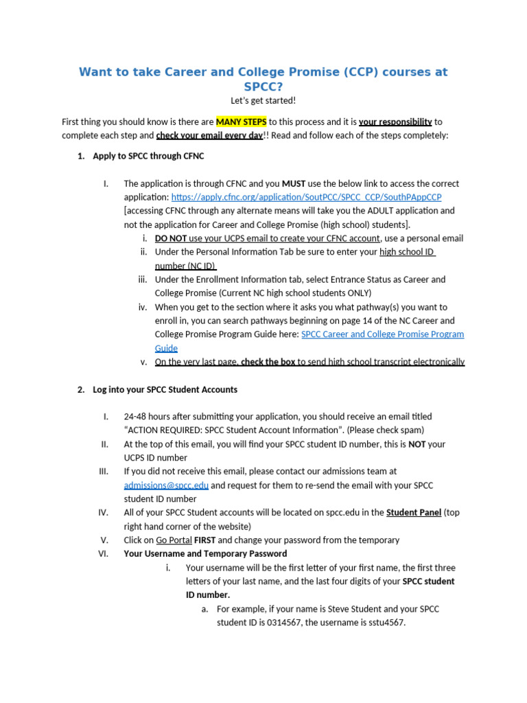 2023-2024 SPCC CCP Steps To Get Started | PDF | Vocational Education