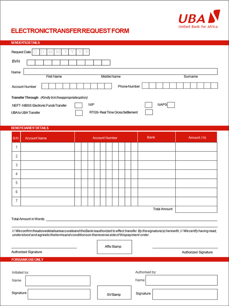 UBA Electronic Transfer Request Form | PDF | Financial Services | Payments