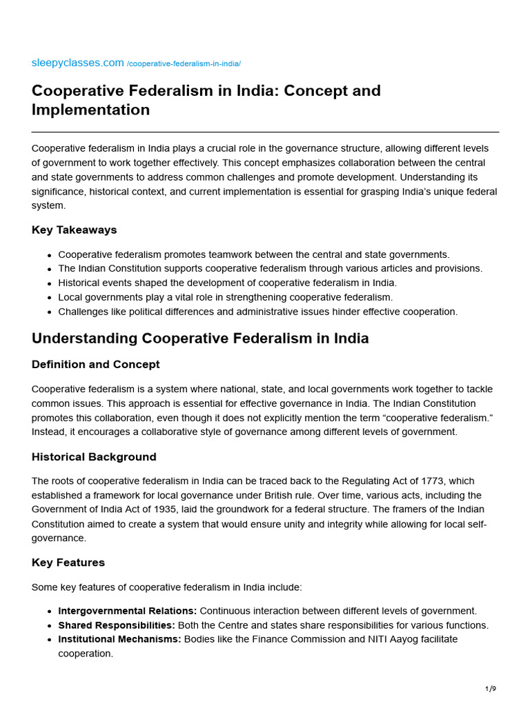 Cooperative Federalism in India Concept and Implementation | PDF ...