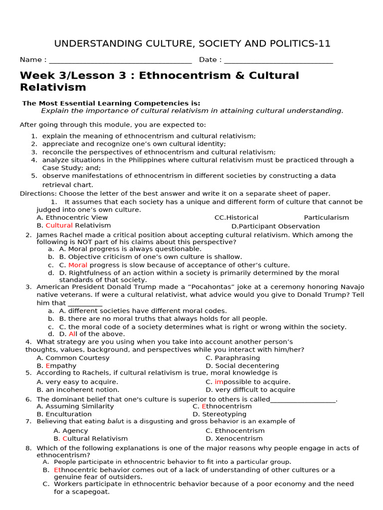 UCSP 11 Module New Normal WK 3 | PDF | Relativism | Cuisine