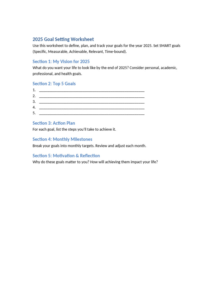 2025 Goal Setting Worksheet Guide | PDF