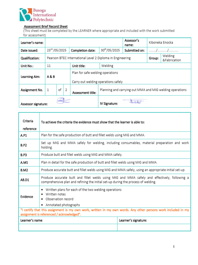 Welding Operations Assessment Record | PDF | Welding | Construction