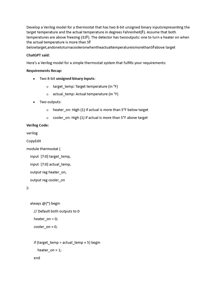 Develop A Verilog Model For A Thermostat That Has Two 8 | PDF