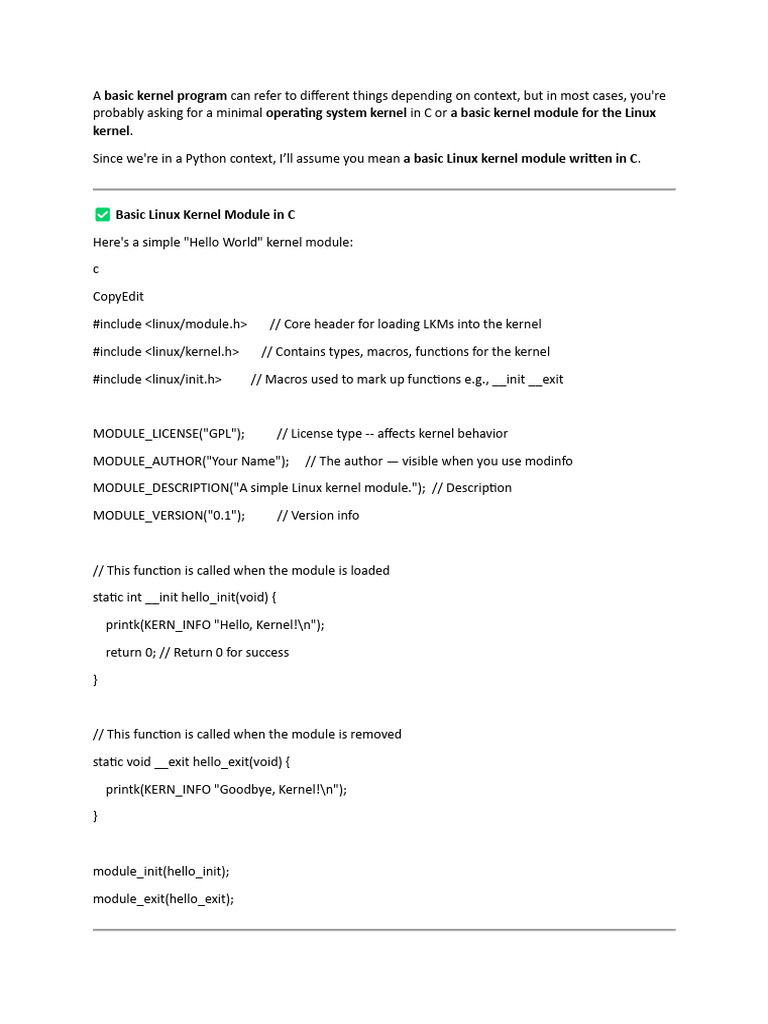 Simple Linux Kernel Module in C | PDF