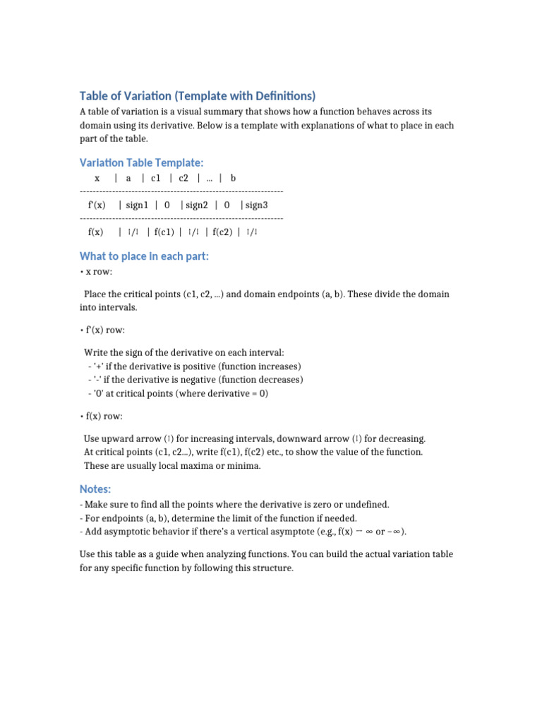 Table of Variation Template | PDF