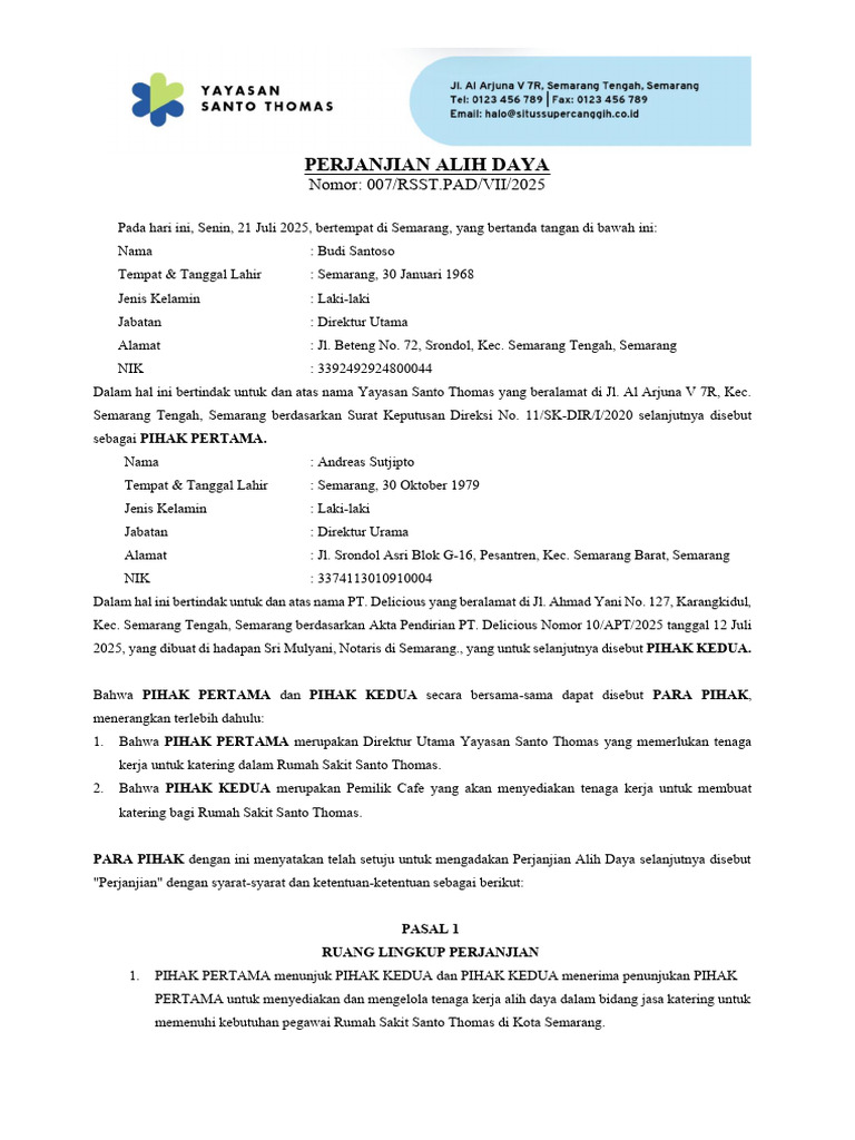 Perjanjian Alih Daya Katering RS Santo Thomas | PDF