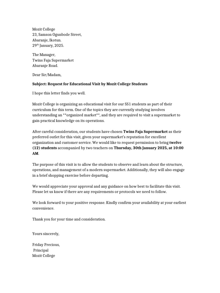 Mozit College Educational Visit Request | PDF
