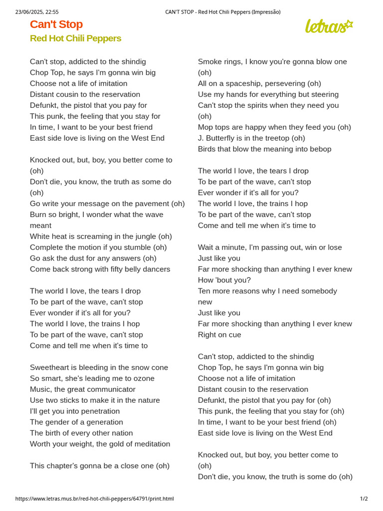 Can't Stop: Red Hot Chili Peppers Lyrics | PDF