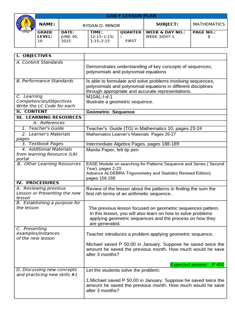 Minor - q1 - wk3 - Day 1 Math 10 - June 30, 2025 | PDF | Mathematics ...