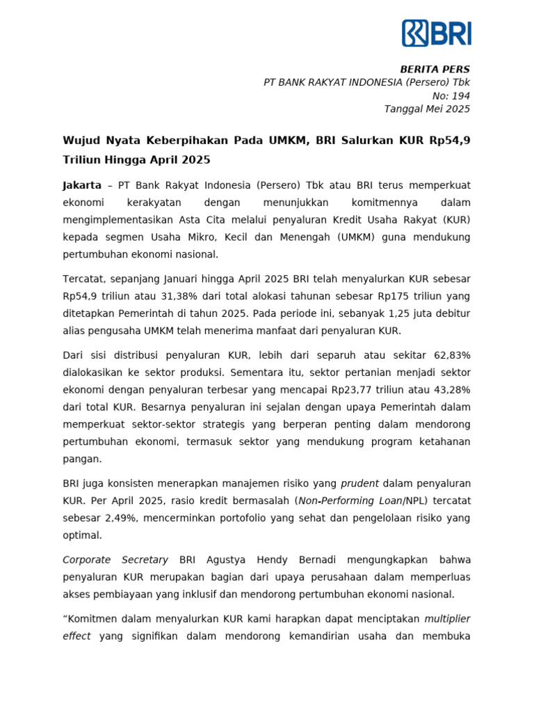 BRI Salurkan KUR Rp54,9 Triliun untuk UMKM | PDF