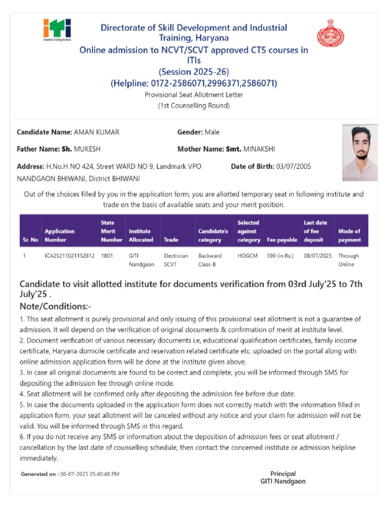 Provisional Seat Allotment Letter | PDF