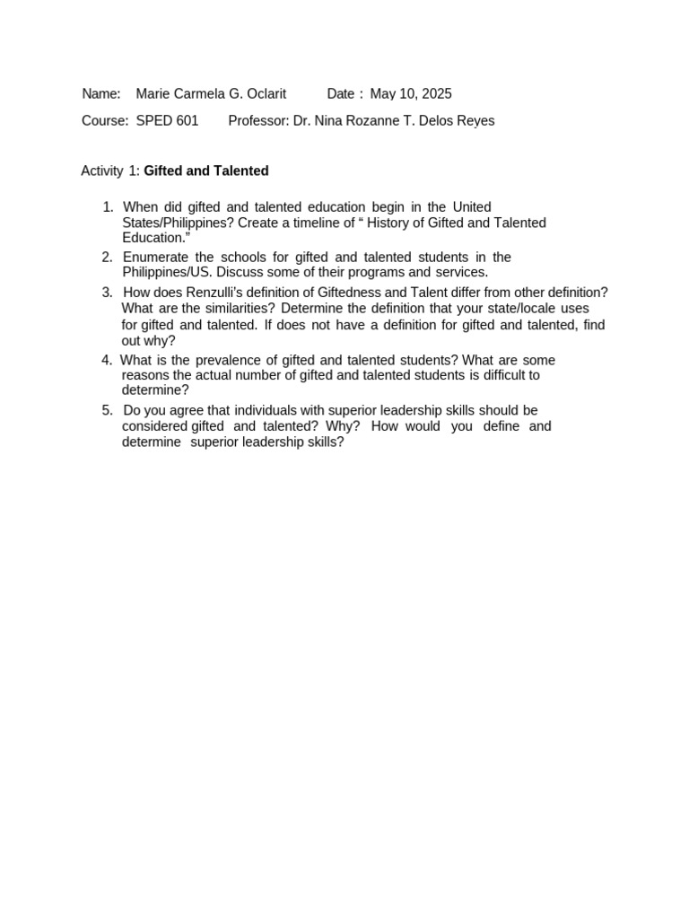 Activity 1 Gifted and Talented_Oclarit_Marie Carmela | PDF | Gifted Education | Intelligence