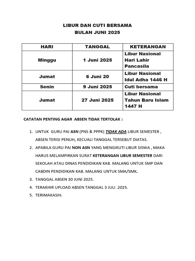 Libur Dan Cuti Bersama Bulan Juni 2025 | PDF