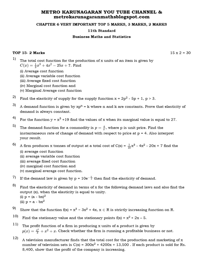 11 BM Chapter 6 Important Questions | PDF | Demand | Elasticity (Economics)