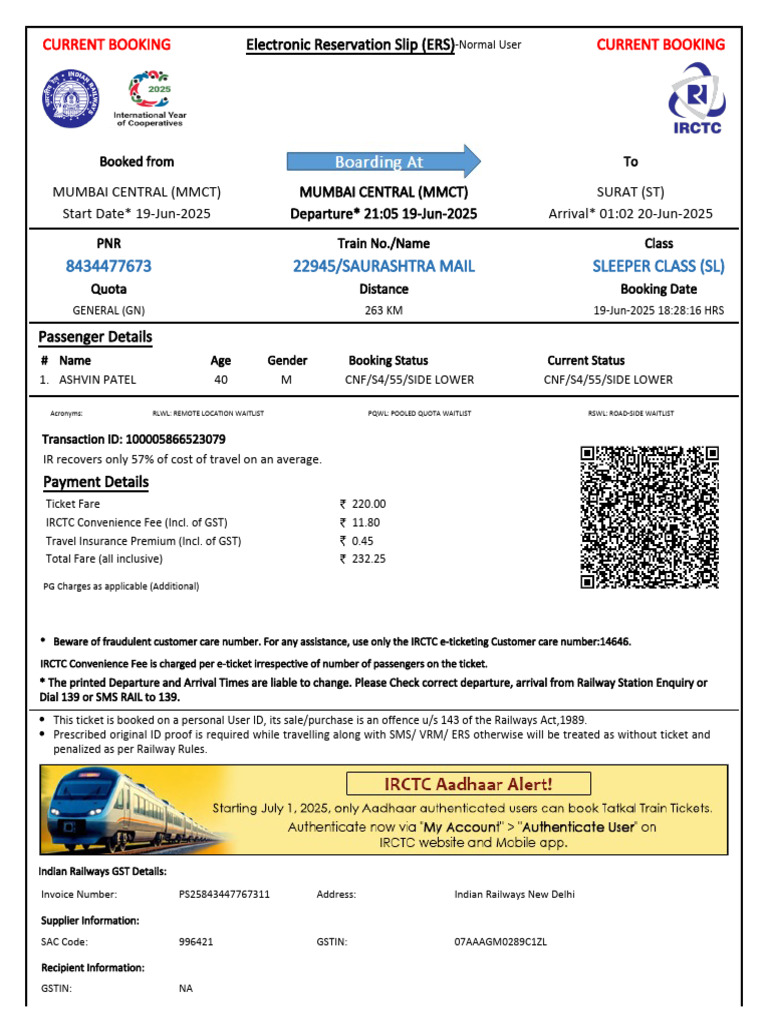 22945/saurashtra Mail Sleeper Class (SL) | PDF | Identity Document ...