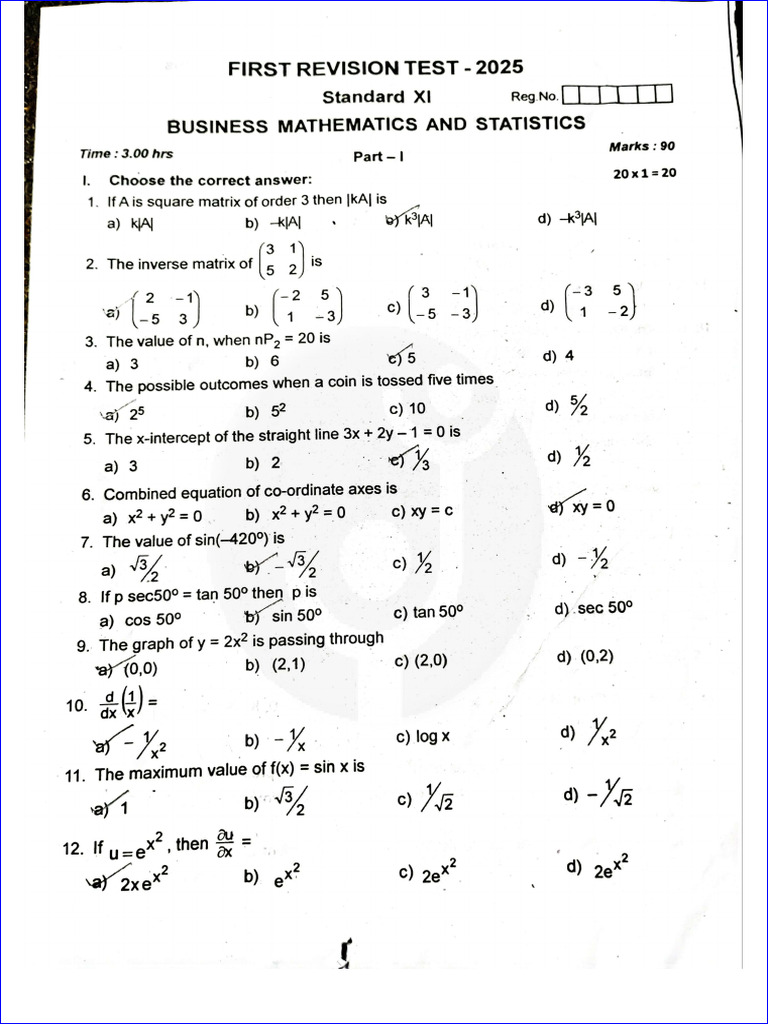 11th Business Maths EM 1st Revision Exam 2025 Question Paper With Answer Key English Medium PDF ...