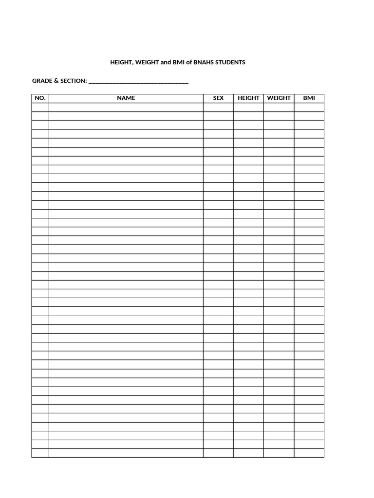 Template Height Weight Bmi | PDF