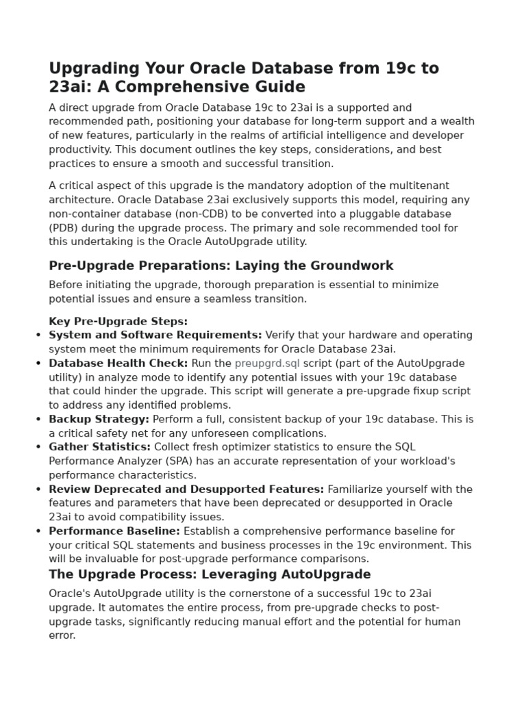 Upgrading Your Oracle Database From 19c To 23ai | PDF | Databases | Sql