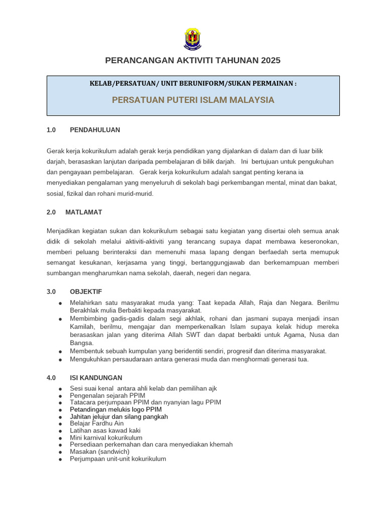 Rencana Aktiviti Tahunan PPIM 2025 | PDF