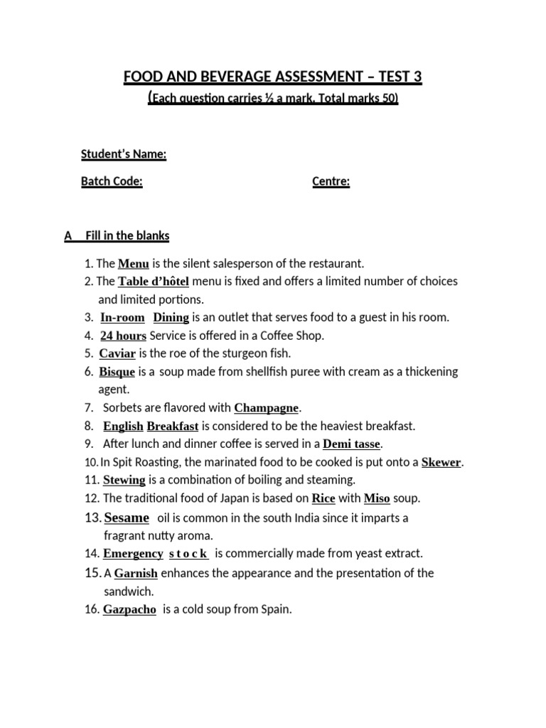 Food and Beverage Assessment Test | PDF | Sauce | Cooking