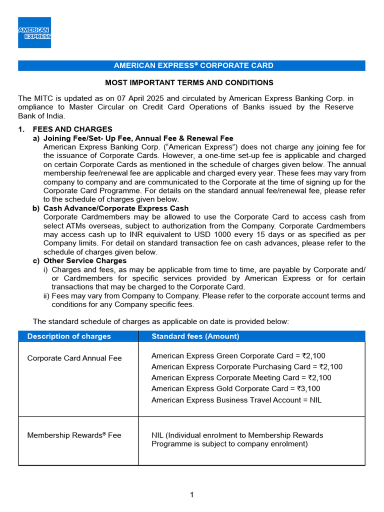 American Express Corporate Card MITC English | PDF | Credit Card | Cheque