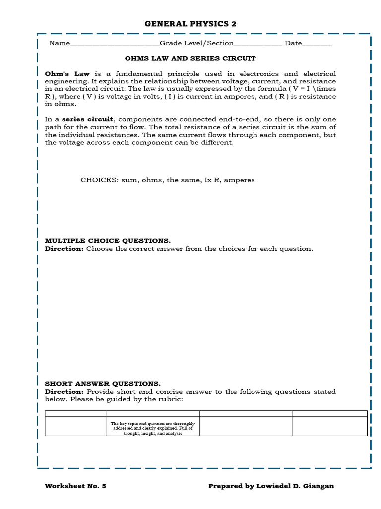 Ws No 5 Ohms Series CKT PDF | PDF | Series And Parallel Circuits | Voltage