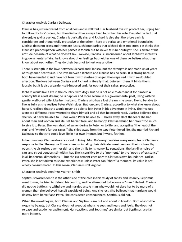 Character Analysis Clarissa Dalloway | PDF | Mrs Dalloway