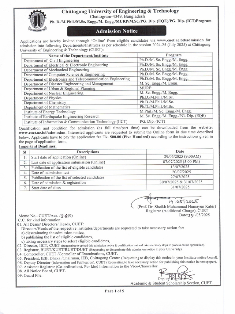 Post Graduate Admission Circular (Session 2024-25, July 2025) | PDF