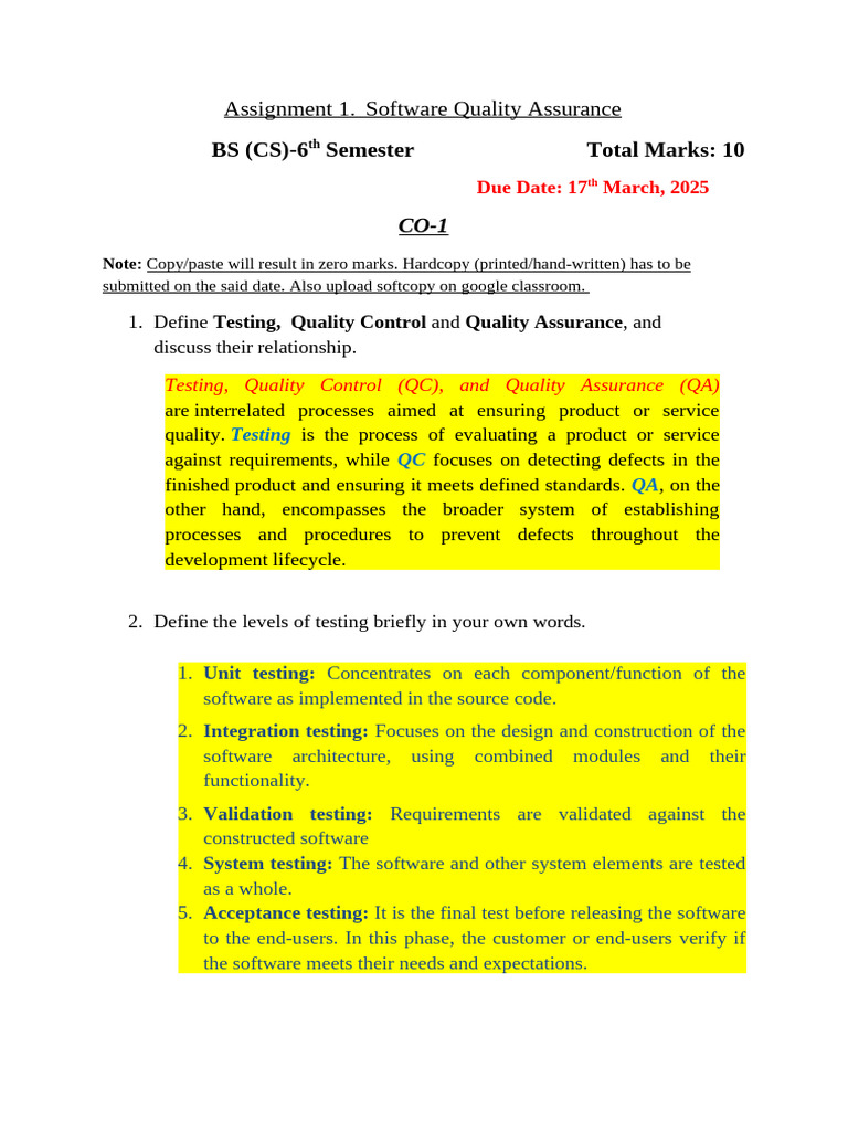 Assignment 1-SQA Solution | PDF | Software | Quality Assurance