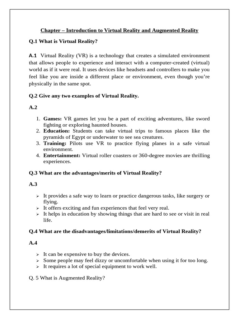 Ques-Ans (Introduction To Virtual Reality and Augmented Reality) | PDF ...