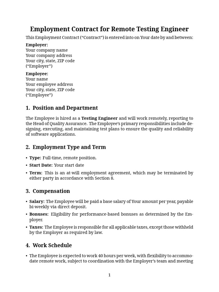 Employment Contract For Remote Testing Engineer | PDF | Employment | Salary