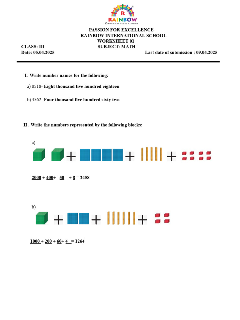 Answersheet For Worksheet - 1 - Grade 3 | PDF