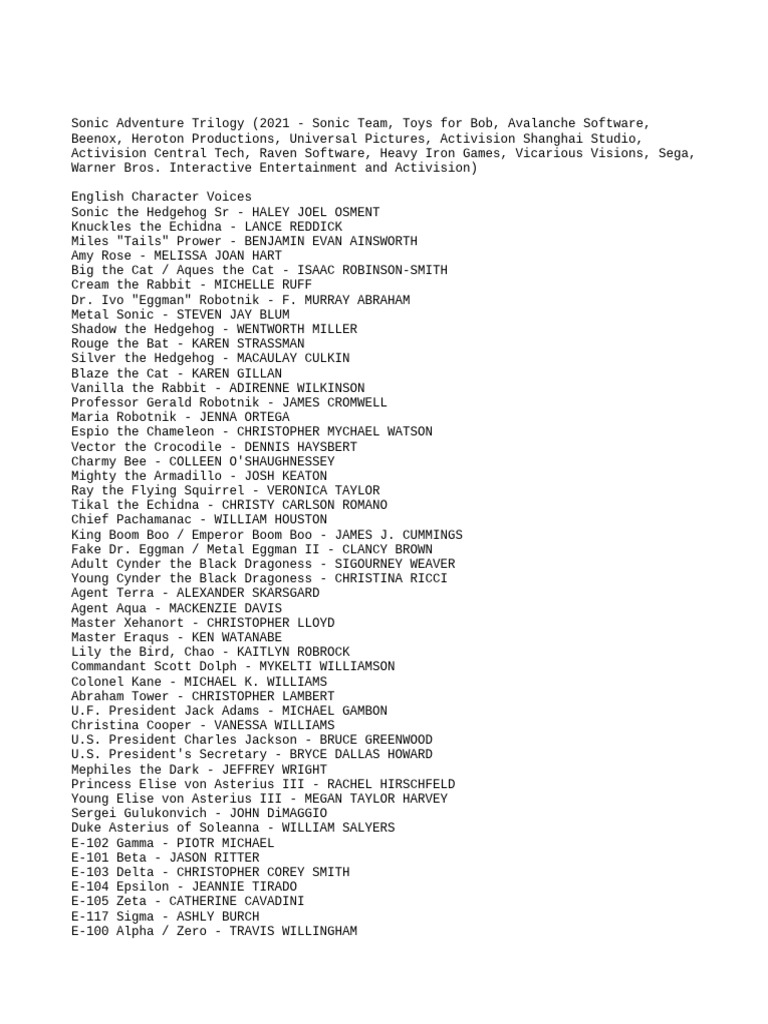 Sonic Adventure Trilogy Sega, Heroton and Warner Bros. Game Credits | PDF