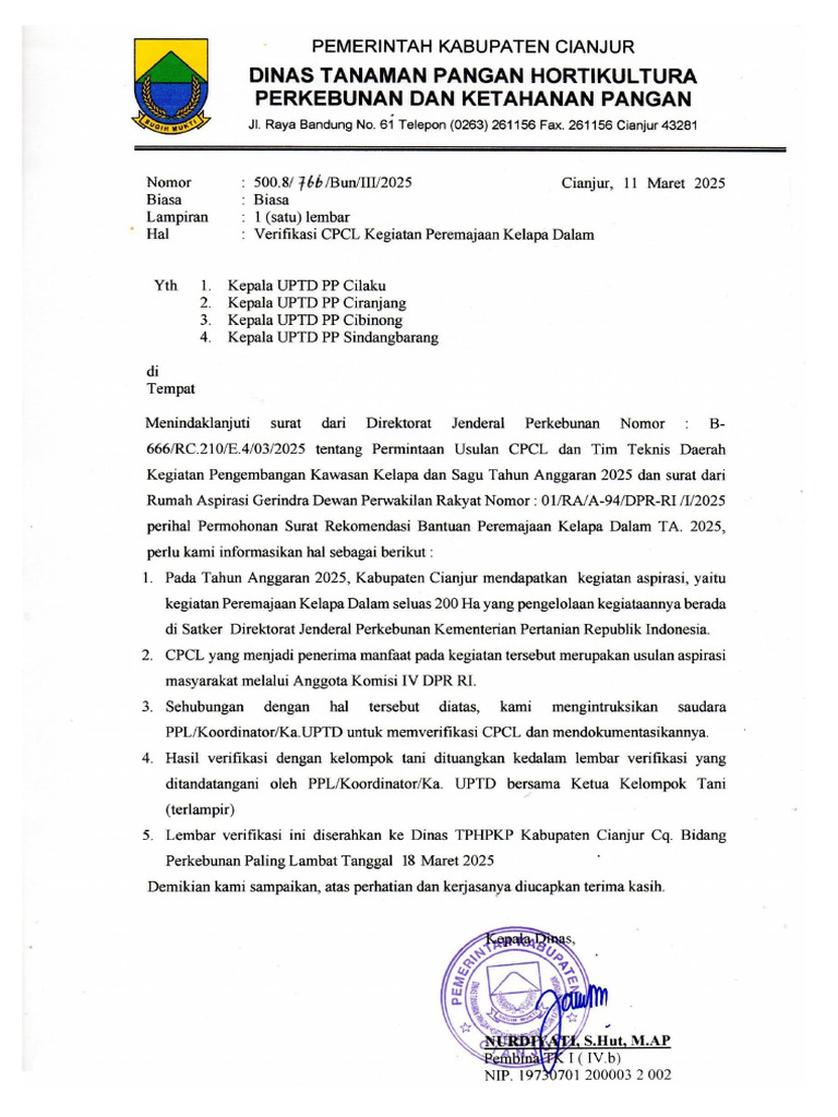 Surat Verifikasi CPCL Dan Form Isian Peremajaan Kelapa Dalam | PDF