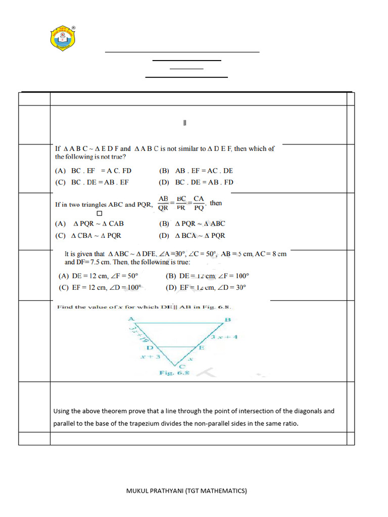 Practice Sheet on Similar Triangles | PDF | Euclidean Plane Geometry | Elementary Mathematics