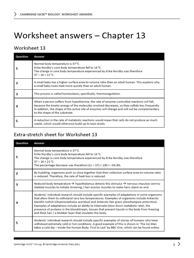 IGCSE Biology Worksheet Answers Guide | PDF | Thermoregulation | Physiology