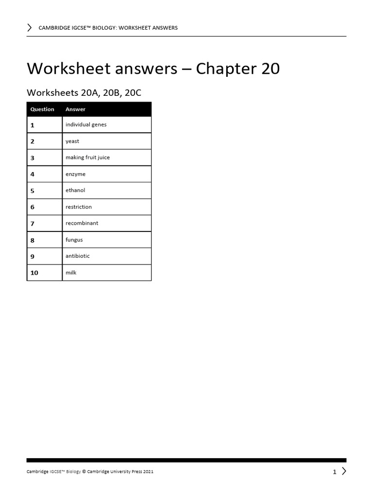 Cambridge IGCSE Biology Worksheet Answers | PDF