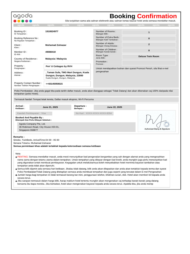Resit Tempahan Hotel Agoda | PDF