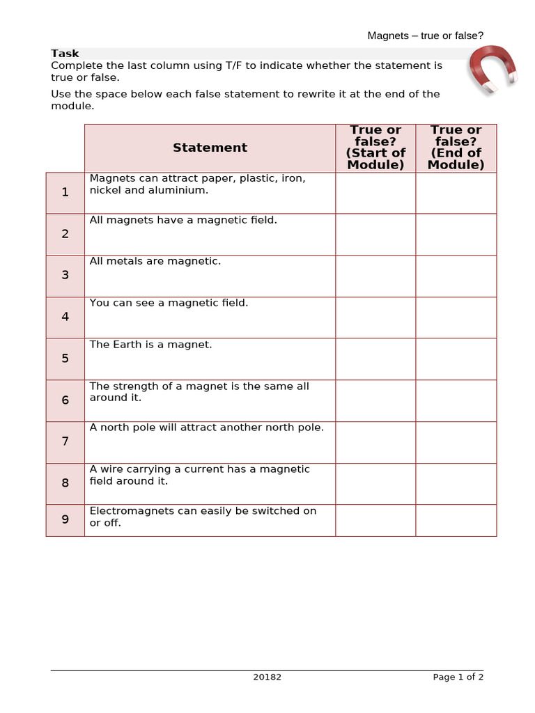 Electromagnet True/False Assessment | PDF