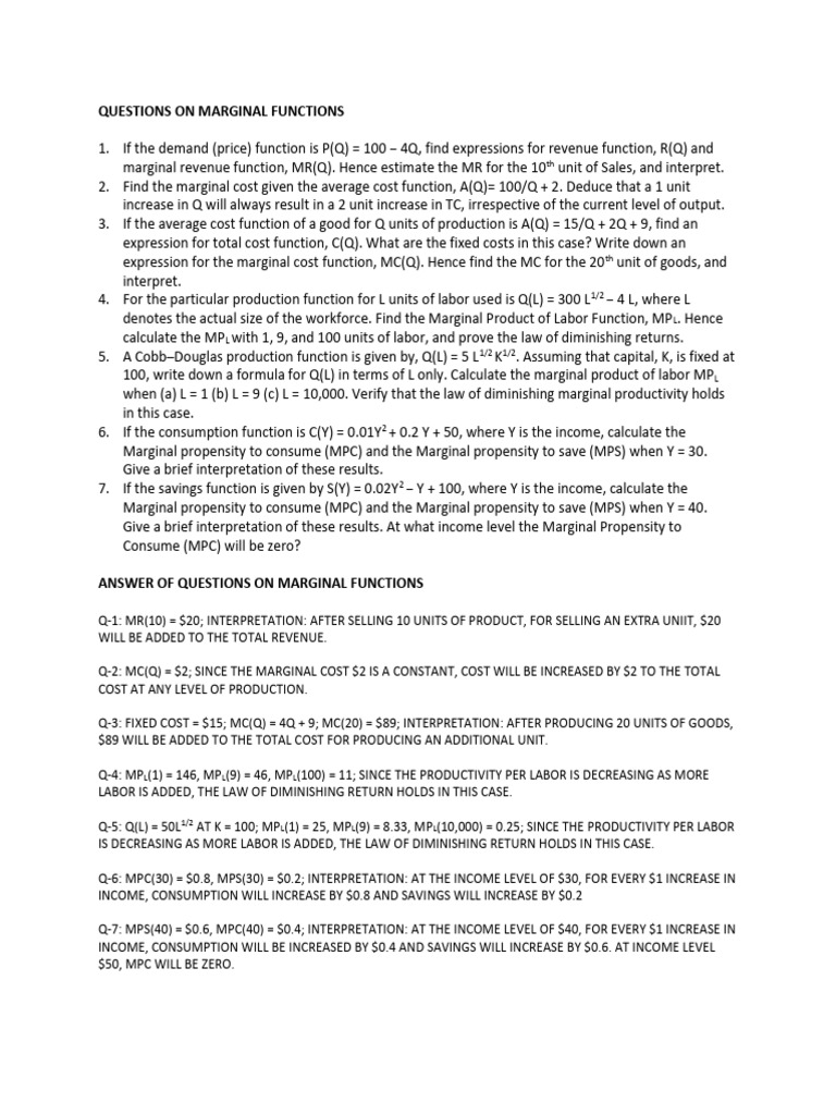 Marginal Function Question 2 3 | PDF | Marginal Cost | Production Function