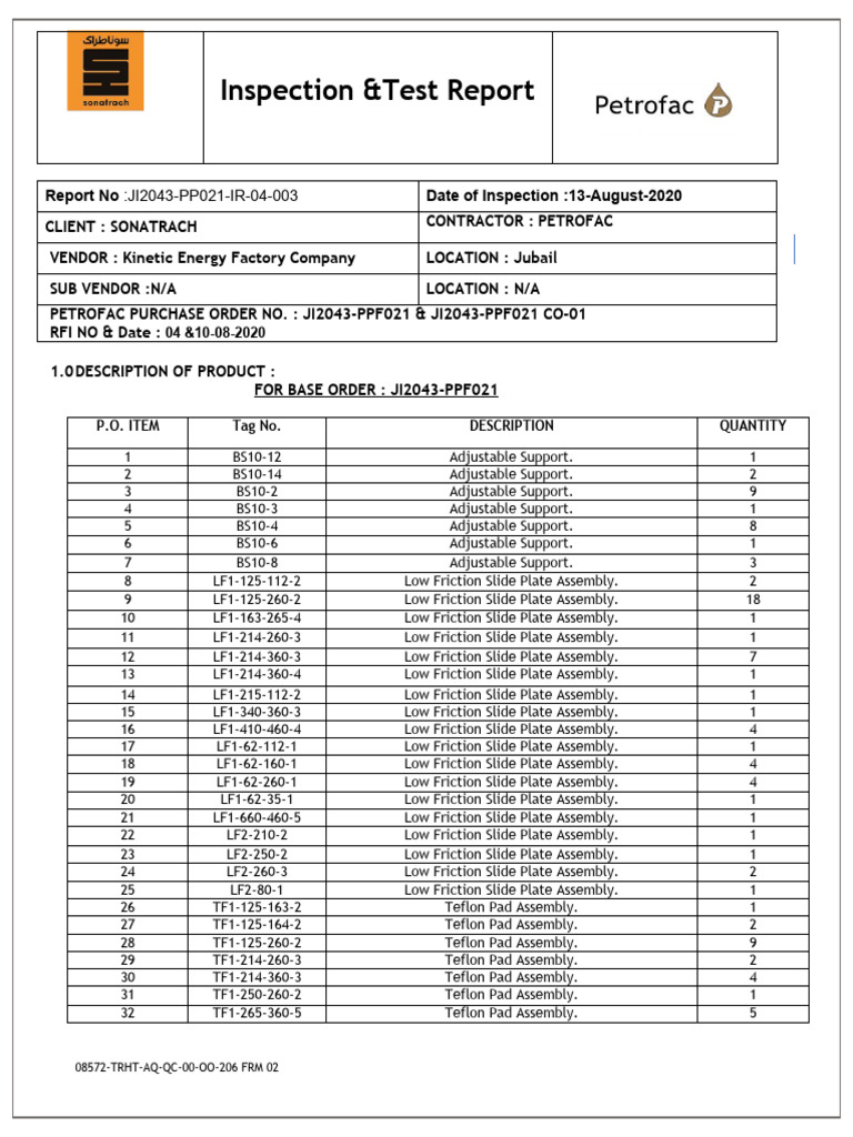 Inspection &test Report | PDF | Friction | Physical Quantities