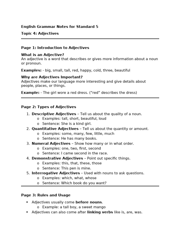 Standard5 Grammar Adjectives | PDF | Adjective | Linguistic Typology