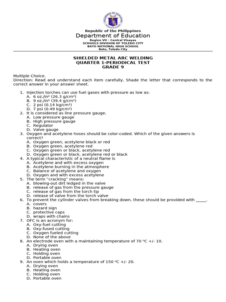 Grade 9 Welding Periodical Test | PDF | Welding | Construction