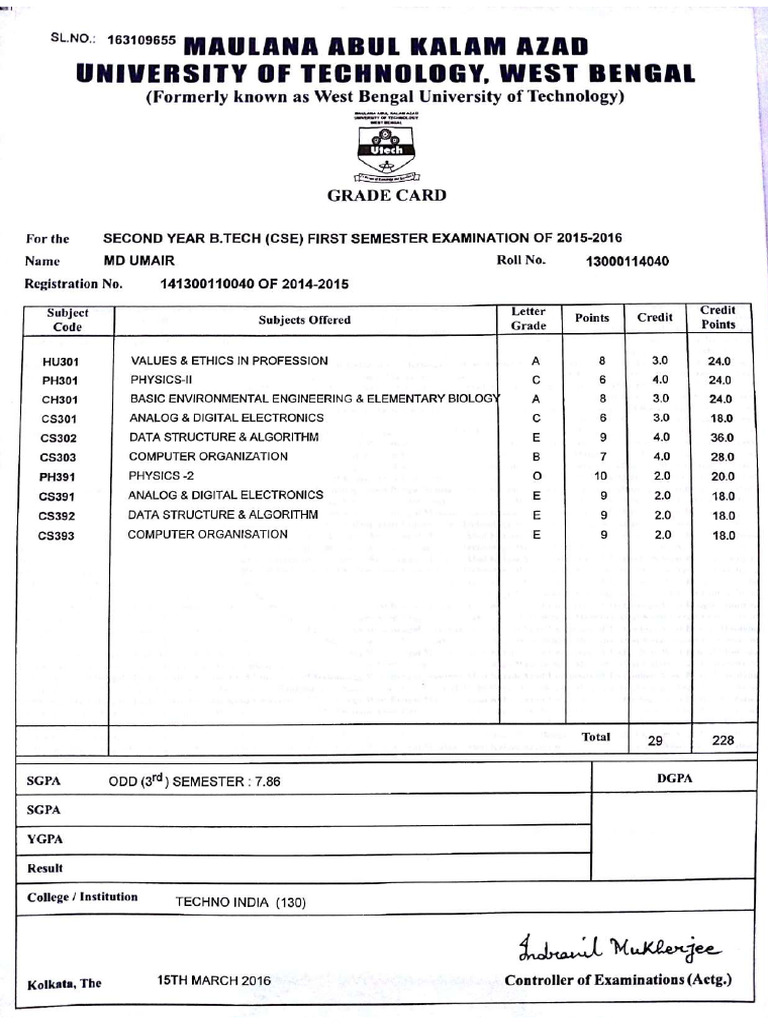 Sem 3 College Marksheet | PDF