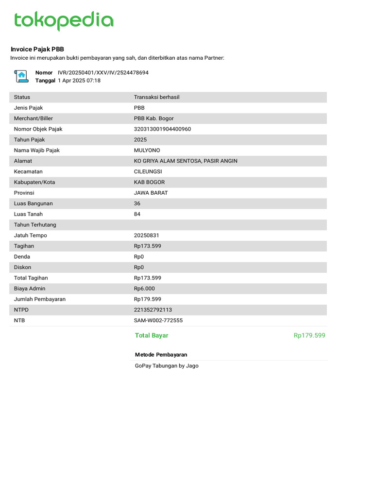 Invoice PBB Rumah GAS | PDF