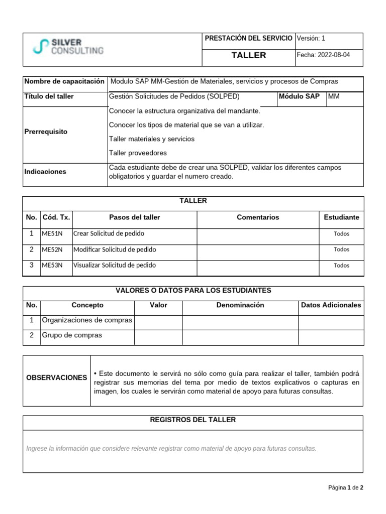 Taller 4. Solicitudes de Pedido (SOLPED) | PDF