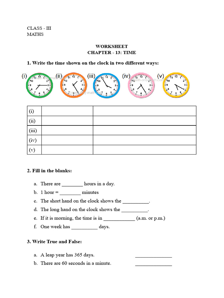 Class 3 Time Worksheet Activities | PDF
