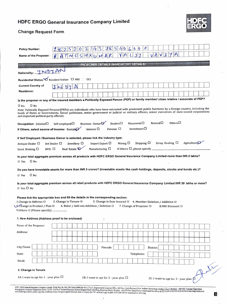 HDFC ERGO Change Request Form | PDF | Insurance | Financial Services